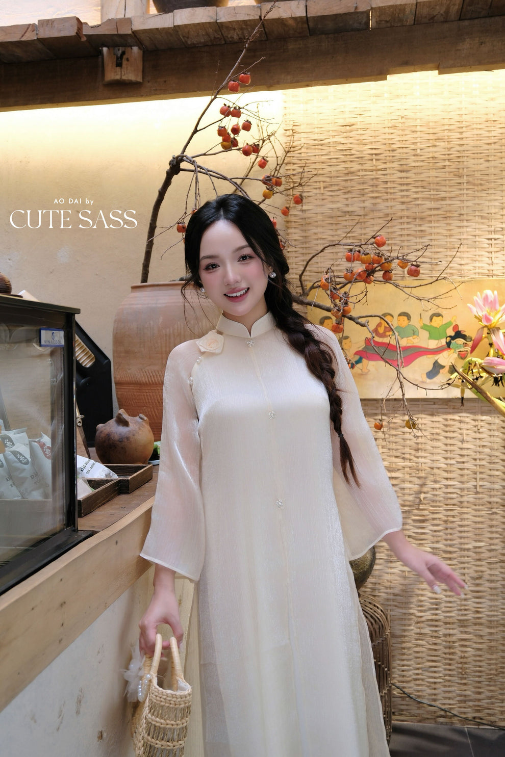 Lâm Anh - Cream Front Slit Rose Chiffon Ao Dai Top Only, NO PANTS – Ao ...
