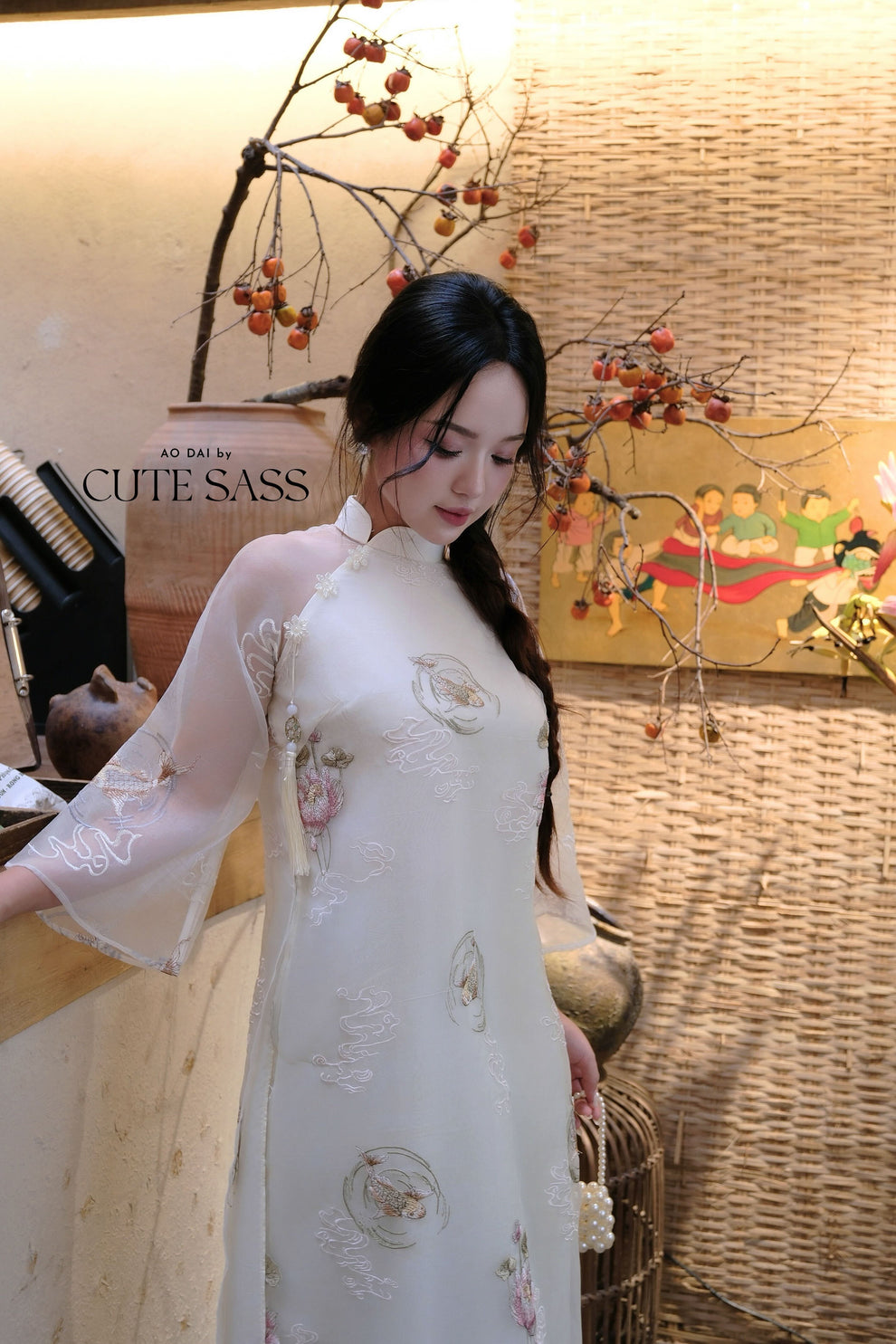 Lâm Anh - Fleur Cream Shifted Asymmetrical High Collar Embroidery Lotu ...